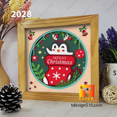 Christmas Penguin 3D shadow box Paper cutting templates svg